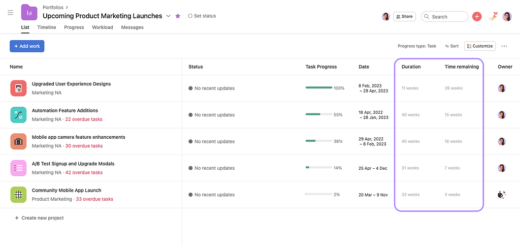Introducing project "Duration" and "Time Remaining" fields in Portfolio ...