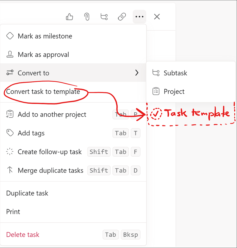 Task Details > 'Convert task to template' - add it to the 'Convert to ...