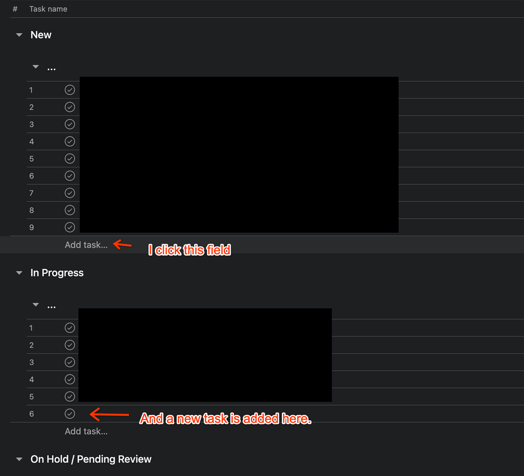 "Add task..." field adds new row in the wrong place - Closed - Asana Forum