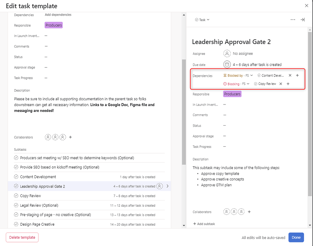 Tasks created from task template have no dependencies (worked previously) - Closed - Asana Forum