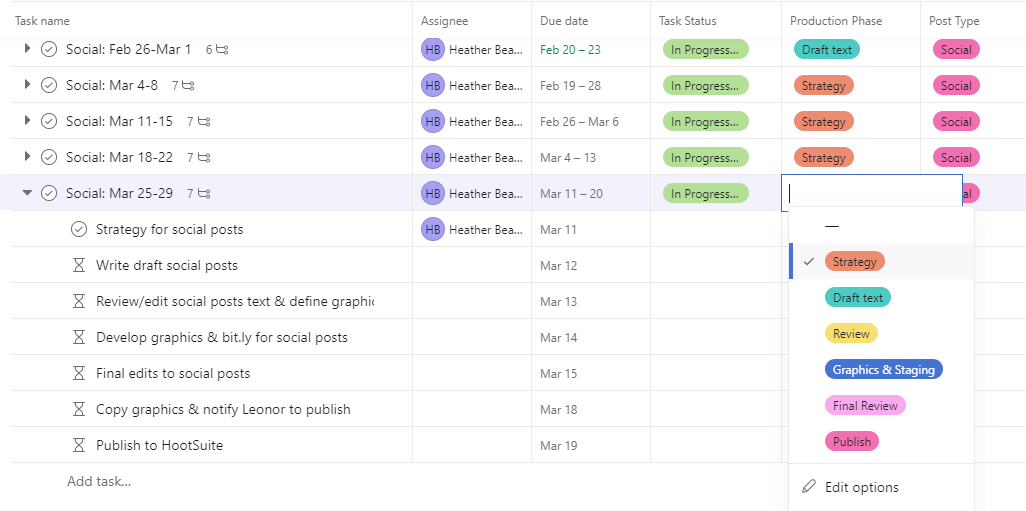 content production workflow - subtasks & phase dropdown - Asana In Practice - Asana Forum
