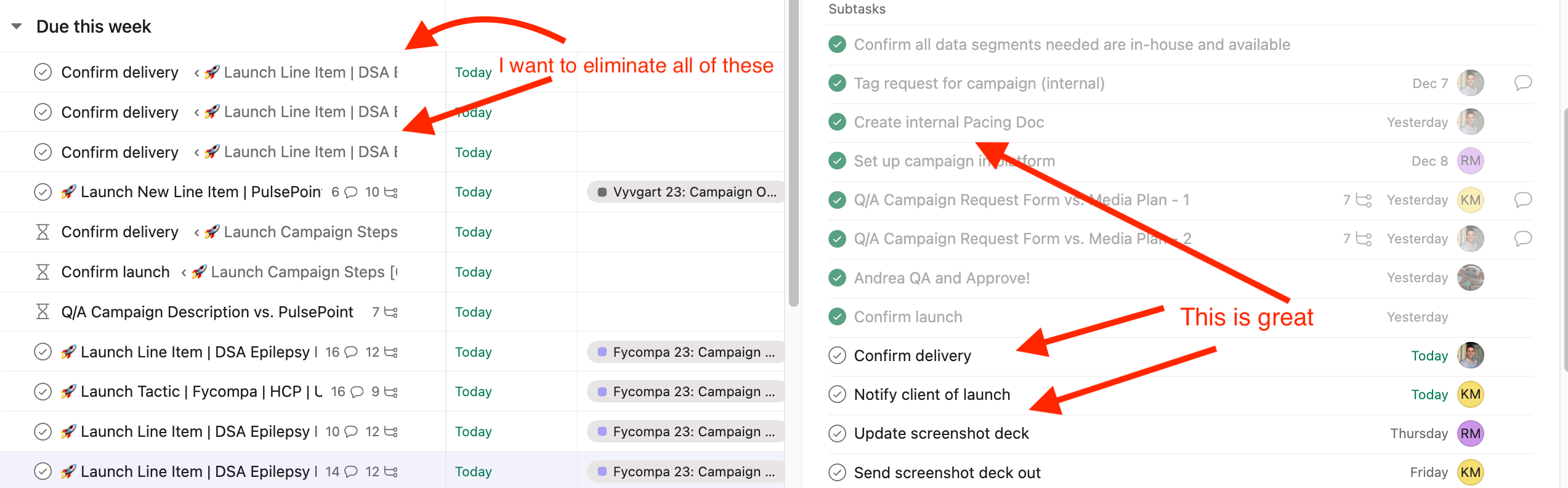 We would like to know how to assign team members to subtasks within a parent task without it ...