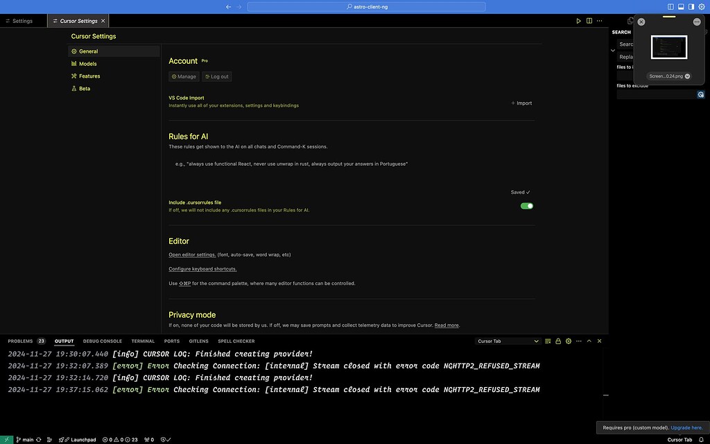 Error: [internal] Stream closed with error code NGHTTP2_REFUSED_STREAM - Bug Reports - Cursor ...