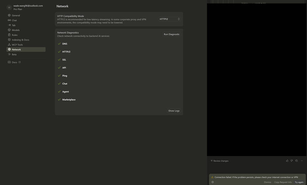 Connection failed but the network diagnostics shows no problem - Bug Reports - Cursor ...
