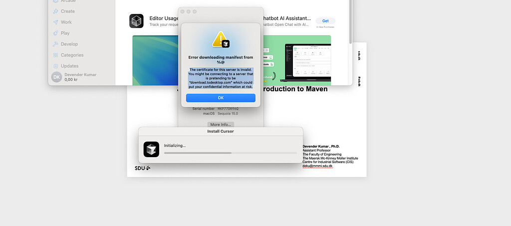 Installation error on Mac: Apple M3 Max chip MacOS Sequoia 15.0 - Bug Reports - Cursor ...