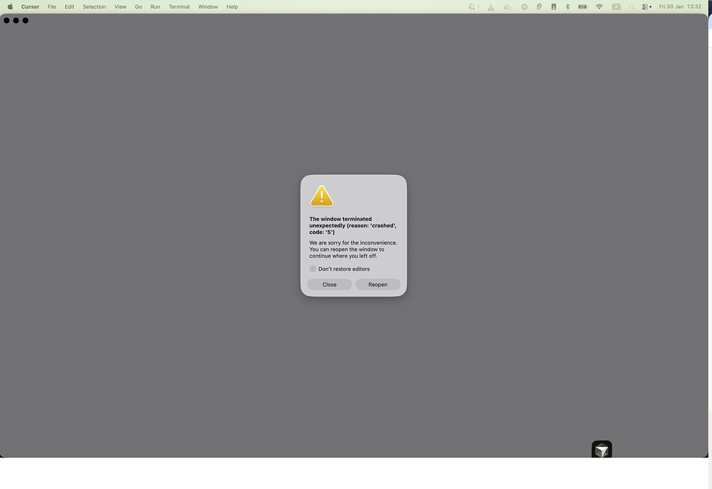 Cursor IDE constantly crashes - Bug Reports - Cursor - Community Forum