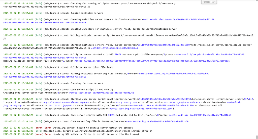 Remote SSH connection fails with "Failed to install server within the timeout" - Bug Reports ...
