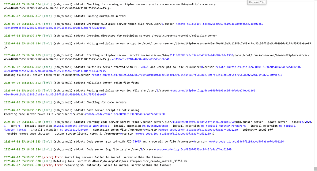 Remote SSH connection fails with "Failed to install server within the timeout" - Bug Reports ...