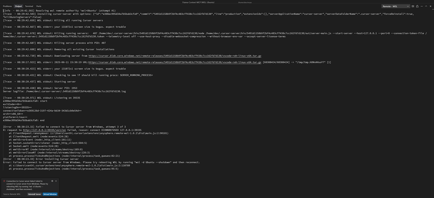 Error: Connection to Cursor server failed: Failed to connect to Cursor server from Windows ...
