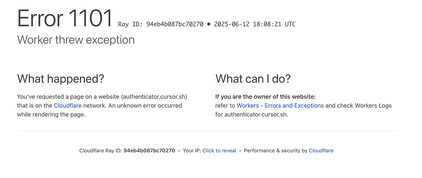 Unable to log in – Error 1101 when accessing authenticator.cursor.sh - Bug Reports - Cursor ...