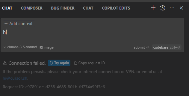 If the problem persists, please check your internet connection or VPN - Bug Reports - Cursor ...