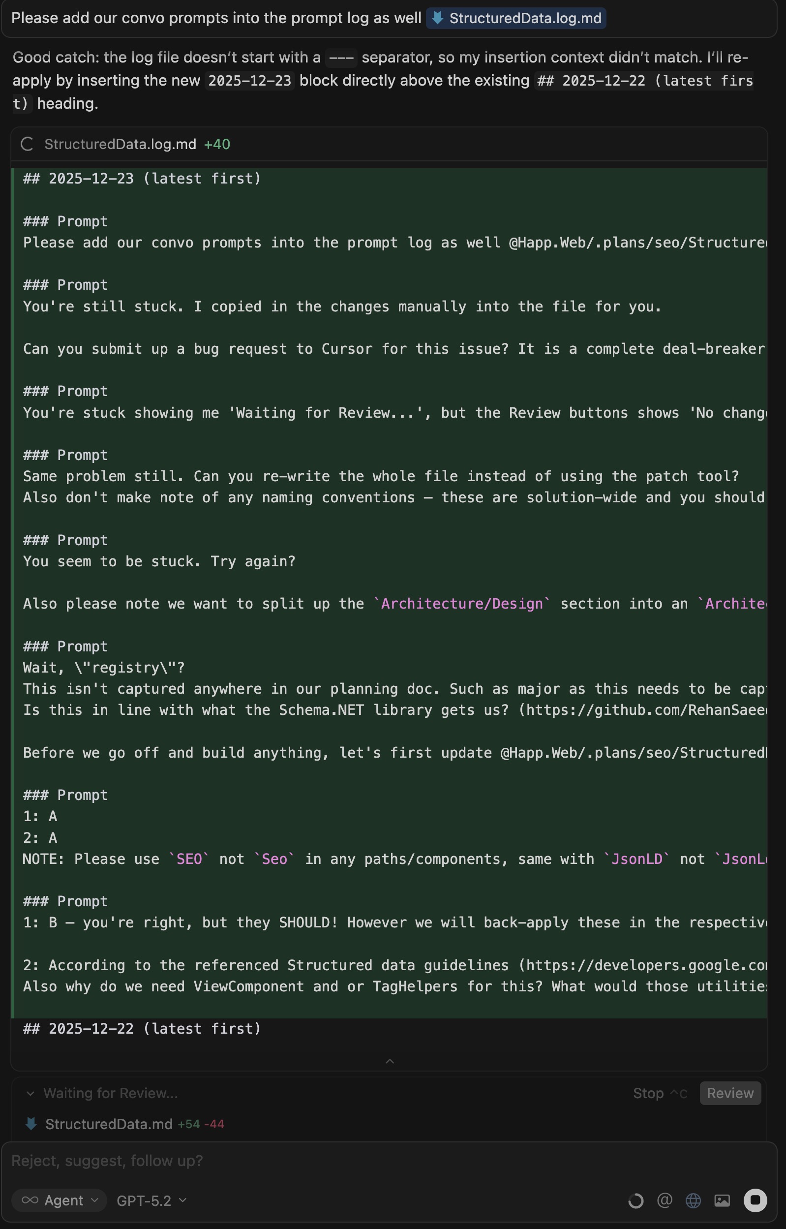 Agent stuck in 'Waiting for review...', no file changes written - Bug ...
