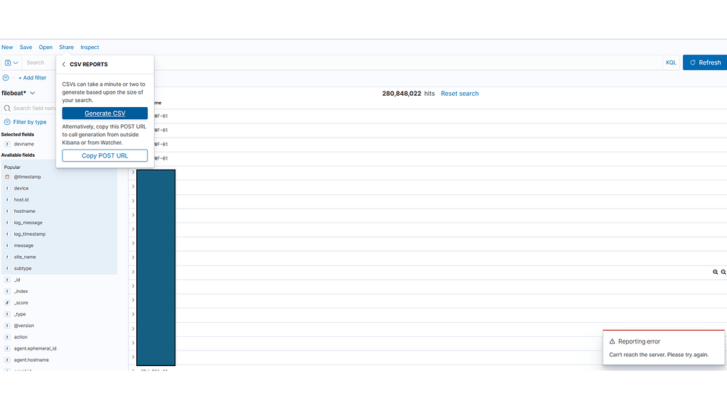 Reporting Error While Trying To Generate Csv From Kibana Filebeats Beats Discuss The