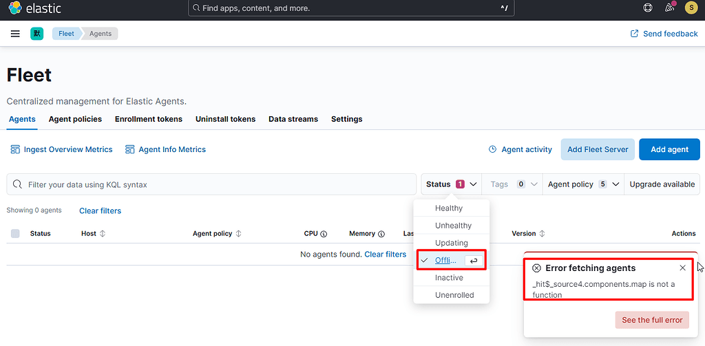 Fleet server cannot display offline elastic agent - Kibana - Discuss the Elastic Stack