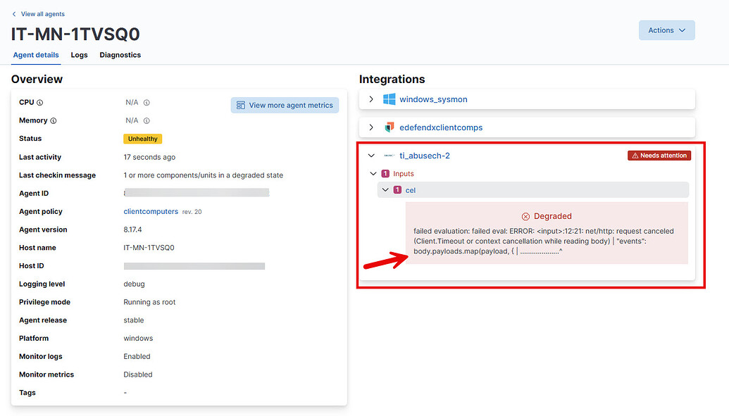 Client.Timeout or context cancellation while reading body events: body.payloads.map(payload ...