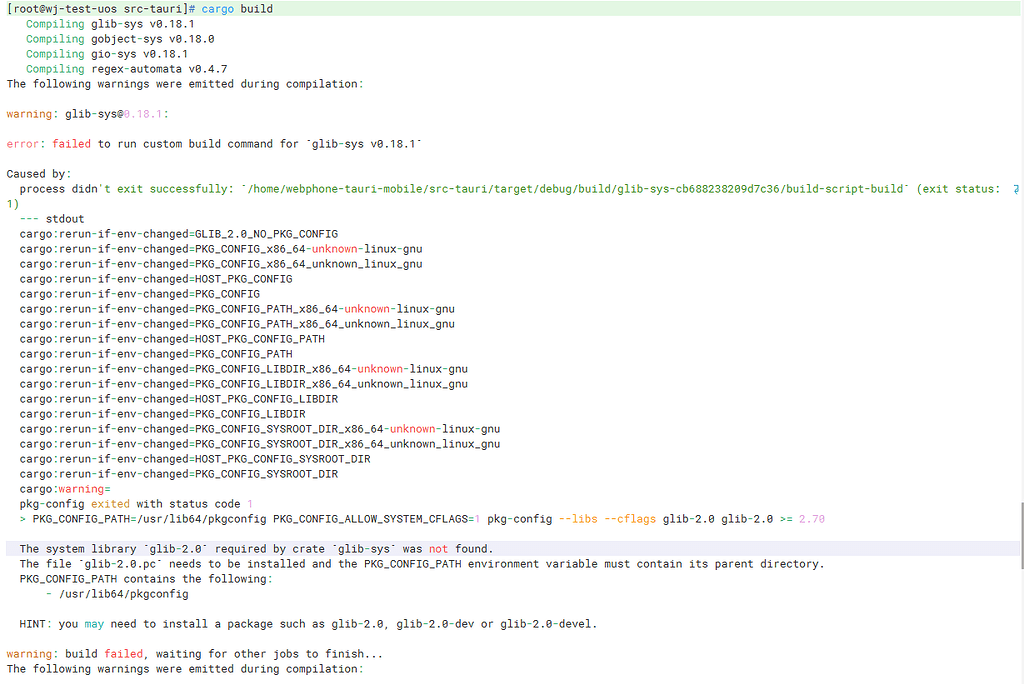 Error: failed to run custom build command for `glib-sys v0.18.1 ... Error: failed to run custom build command for `glib-sys v0.18.1 ...
