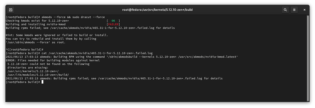 Failed to get nvidia working with the latest zen-kernel on fedora 34 ...