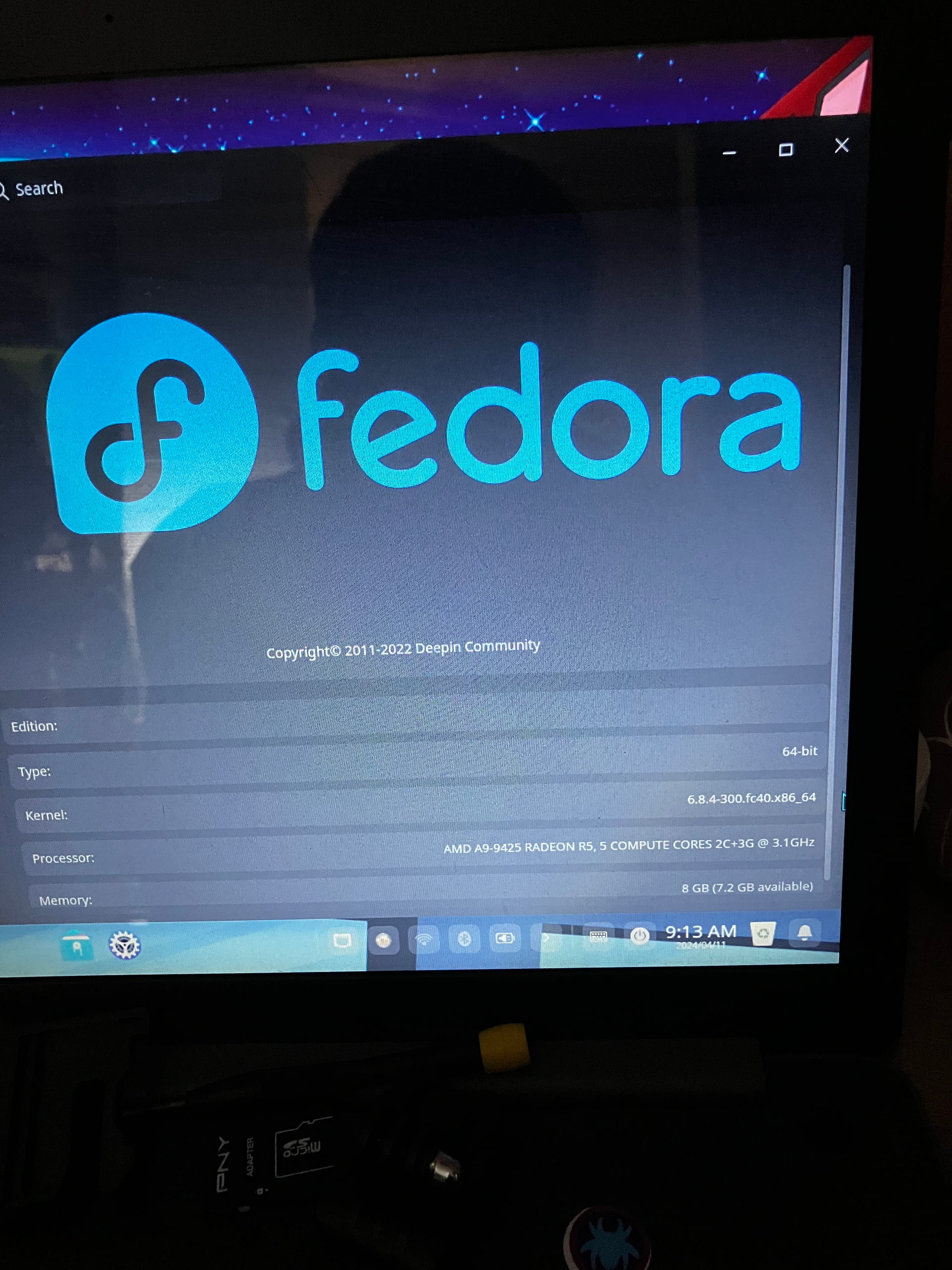Fedora 40 w/ deepin desktop shows launcher menu as just a blurred/shaded area. notification pop ...