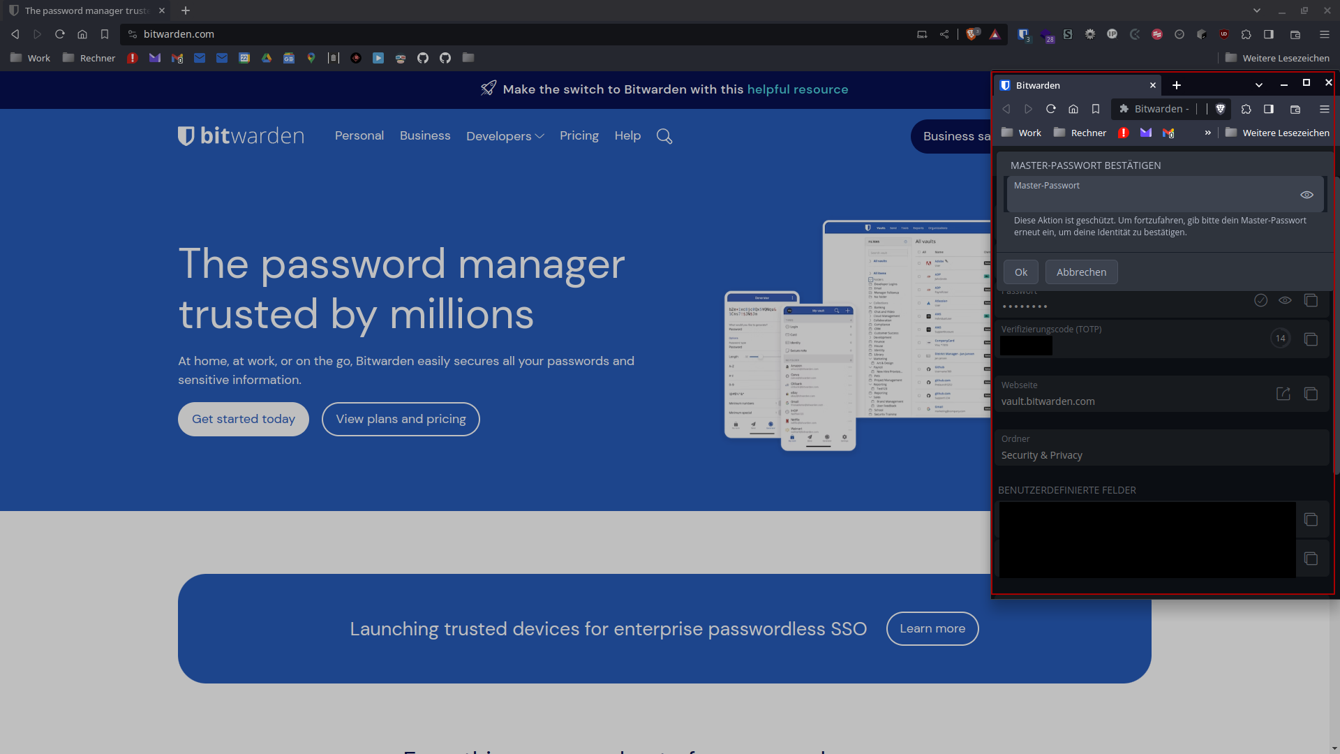 Bitwarden automatically opens a window on each website with a master password re-promptet entry ...