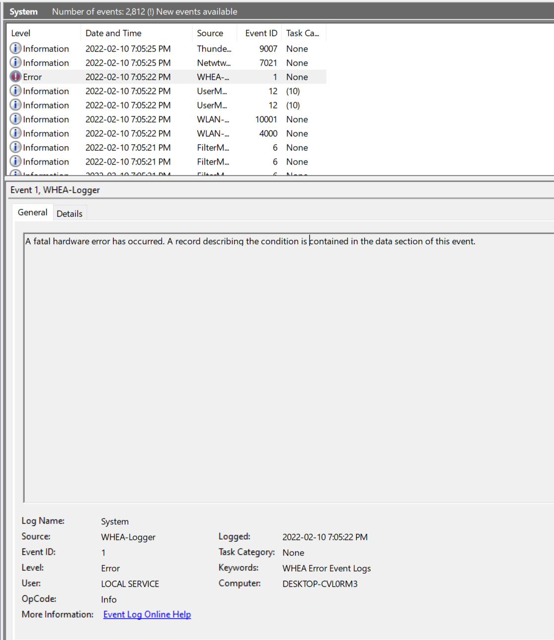 A fatal hardware error has occurred. A record describing the condition ...