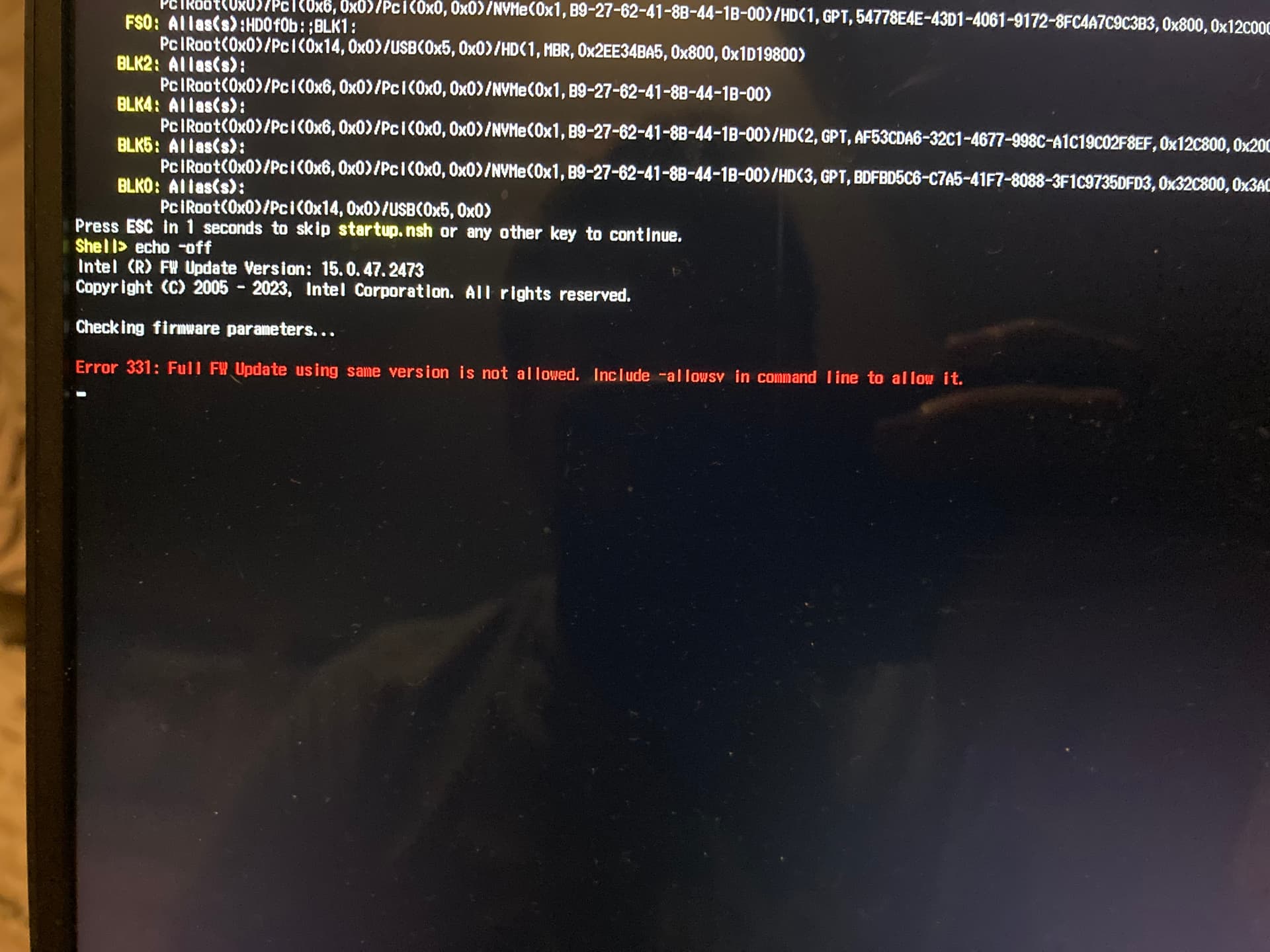 Getting an error saying "Error 331: Full FW Update using same version is not allowed. Include ...