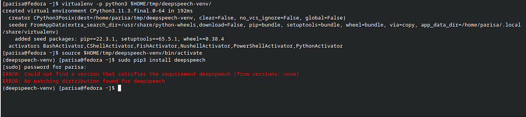 ERROR: Could not find a version that satisfies the requirement deepspeech (from versions: none ...