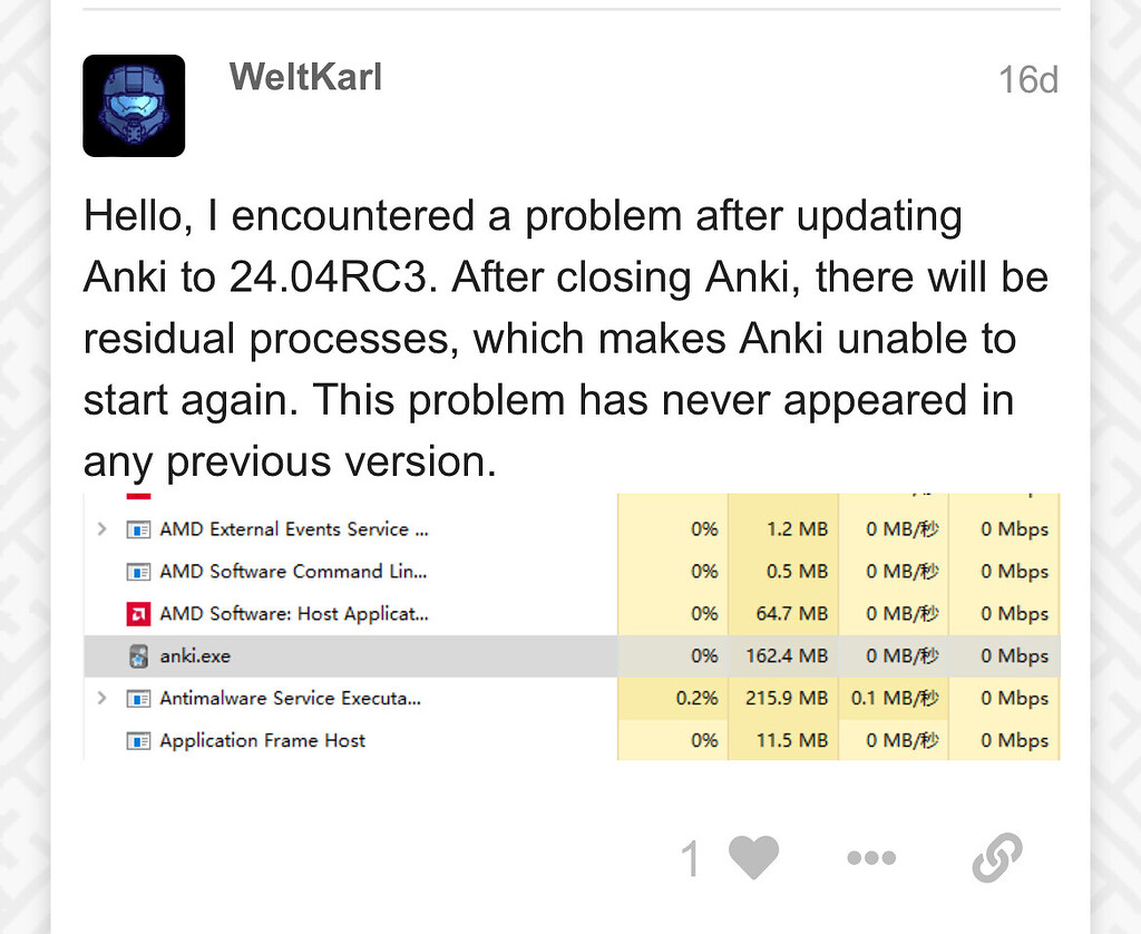 When closing Anki, a residual process appears, preventing Anki from starting again - Help - Anki ...