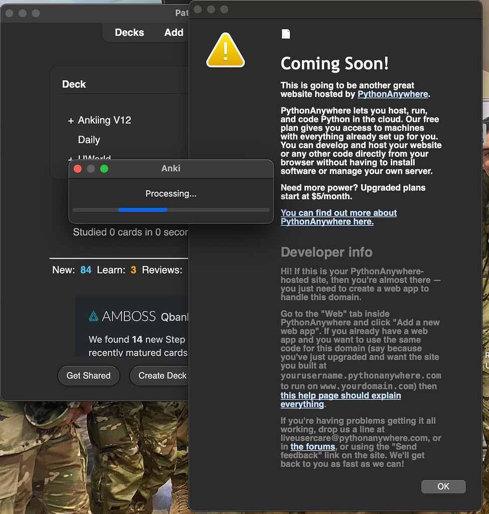 Anki stuck on "Processing", Python announcement - Help - Anki Forums
