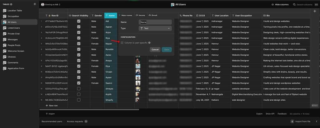 Should I enable "column is user-specific" for all the columns in the users sheet? - Ask for Help ...