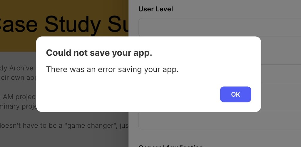 "Could not save your app. There was an error saving your app" - Ask for Help - Glide Community