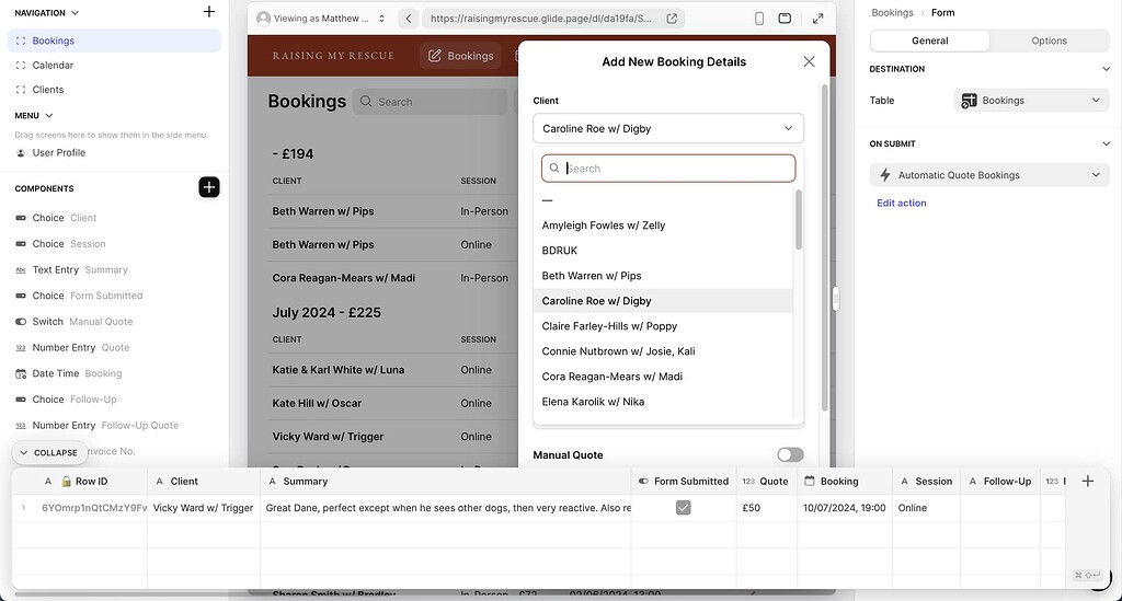 Data row to change when I select a different Client from Choices Dropdown - Dynamic Changing ...