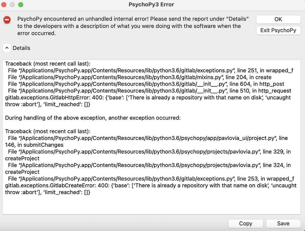 Experiment does not load to Pavlovia: already a repository with that ...