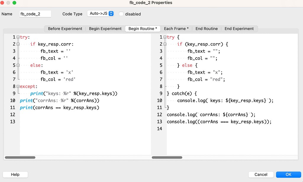 Feedback appearance and duration according to correct key response - Coding - PsychoPy