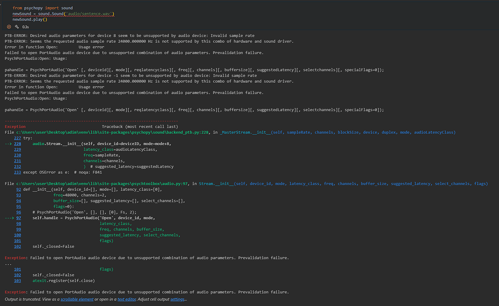 An error occurs in the code for presenting sound stimuli in Python - Coding - PsychoPy