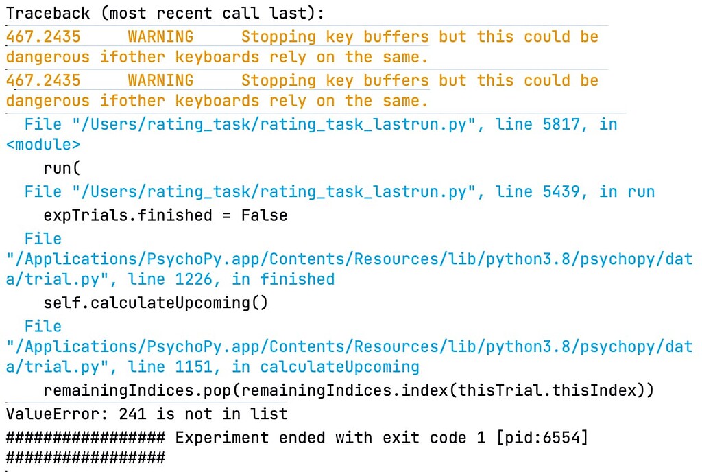 ValueError: 241 is not in list - Builder - PsychoPy