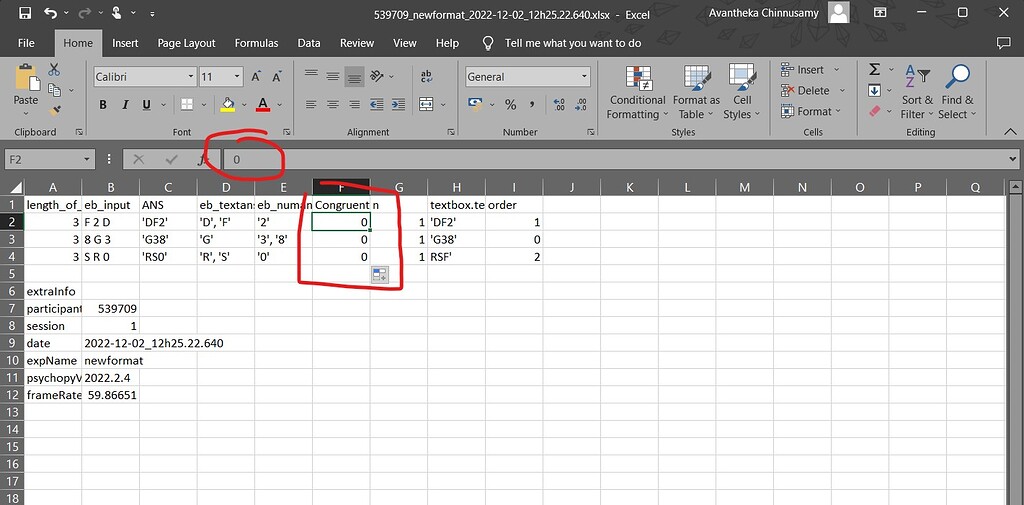 Excel formula formatting not translating to output file - Builder - PsychoPy