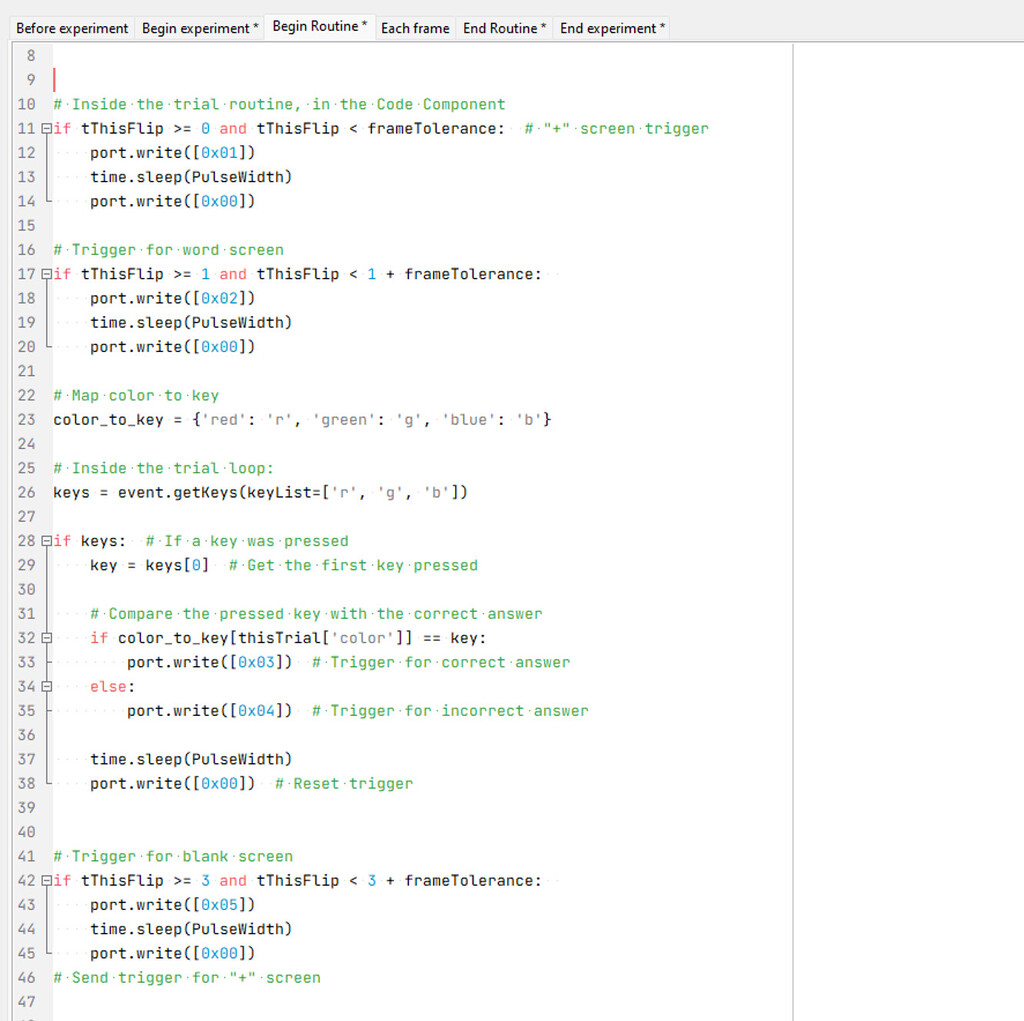 Sending trigger for screen pop up and correct/incorrect trigger - Builder - PsychoPy