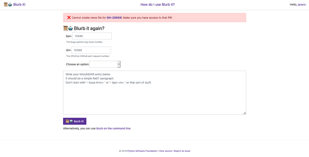Blurb-it cannot create news file for my PR - Committers - Discussions on Python.org
