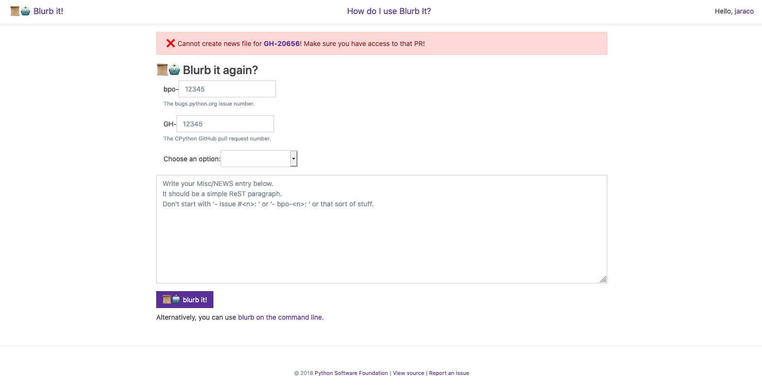 Blurb-it cannot create news file for my PR - Committers - Discussions on Python.org