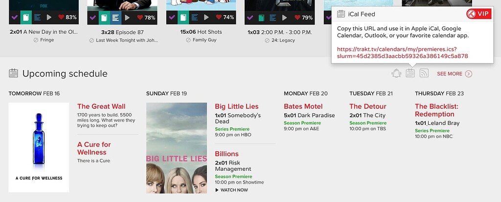 iCal, RSS and CSV feeds - VIP Features - Trakt Forums