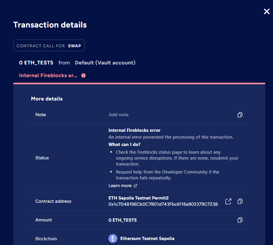 Error is reported using USDC to convert to ETH (Sepolia) - Developer Discussion - Fireblocks ...