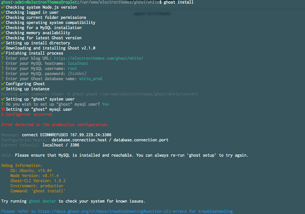 Getting mysql connection error - Installation - Ghost Forum