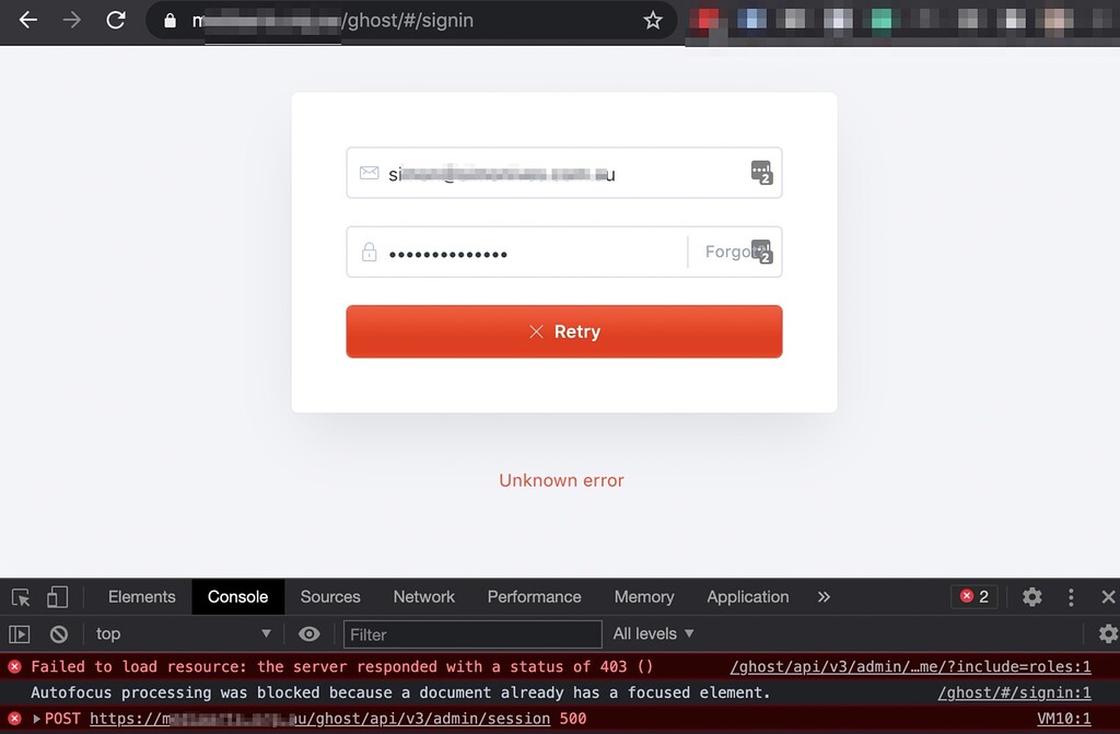 "Unknown error" on log in page - Developer help - Ghost Forum