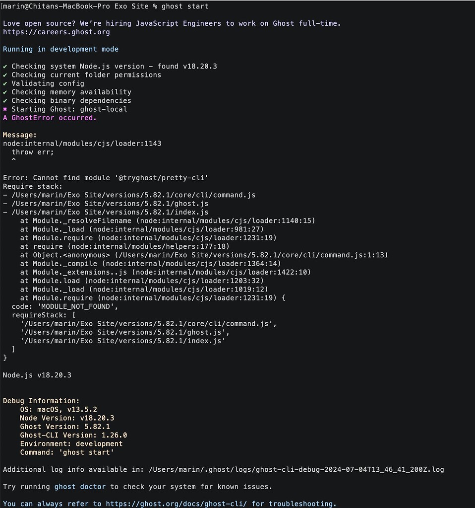 Error: Cannot find module '@tryghost/pretty-cli' on ghost start - Developer help - Ghost Forum