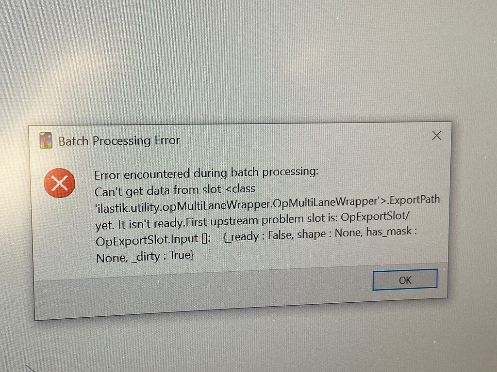 Problems during batch processing in Ilastik : Unsuited Axistags exception & Can't get data from ...