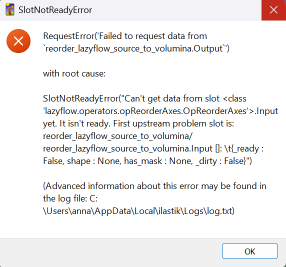 Ilastik: error message after 'Update Now'/'Live Predict' in boundary-based Segmentation with ...