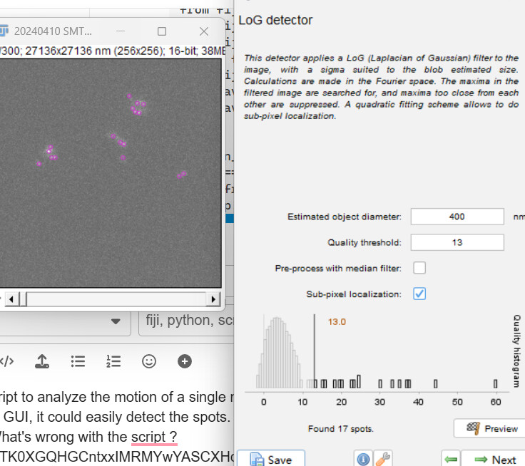 Unable to detect the spots and track via Trackmate script - Image Analysis - Image.sc Forum