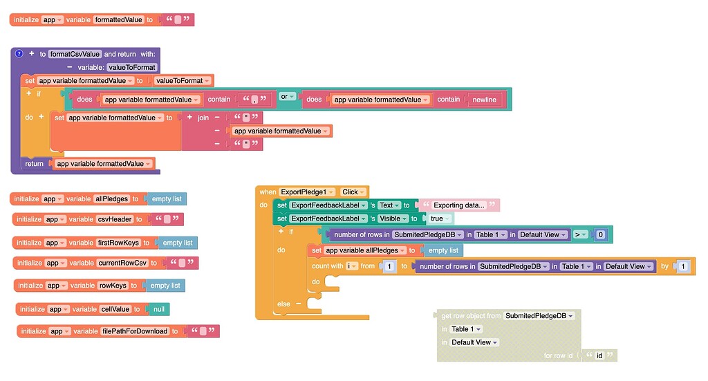 Cannot detach default 'id' from 'get row object' block - Stuck on Local DB Export! - Issues ...