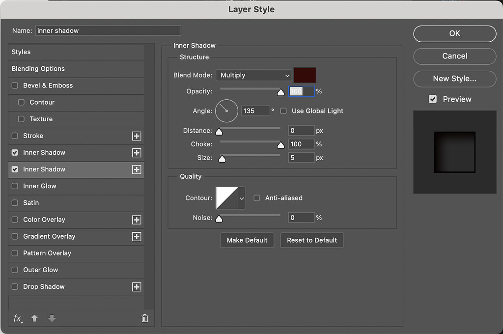 Opening layer style dialog with second inner shadow effect selected by ...