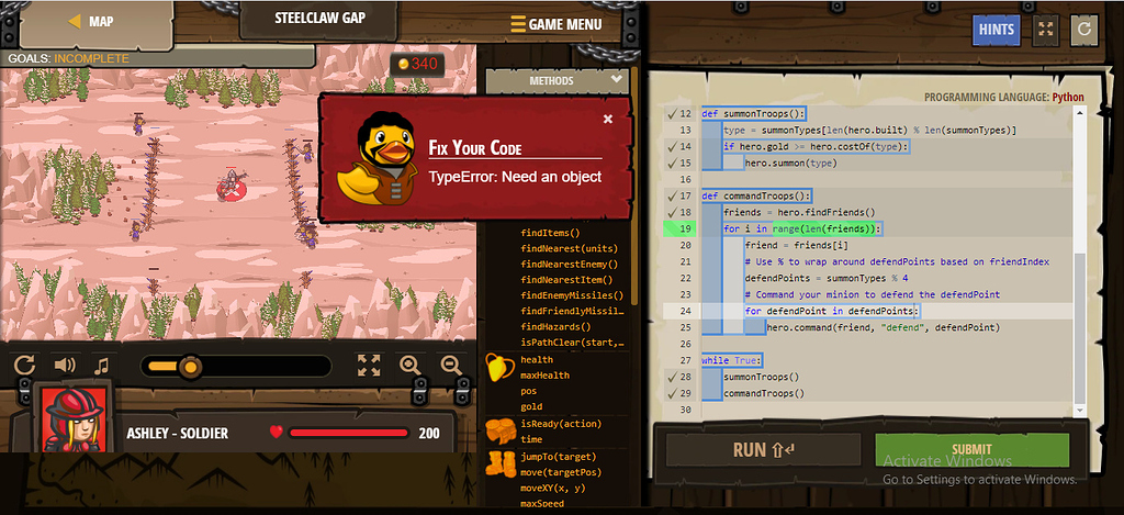 [SOLVED] Steel claw gap help pls python - Level Help